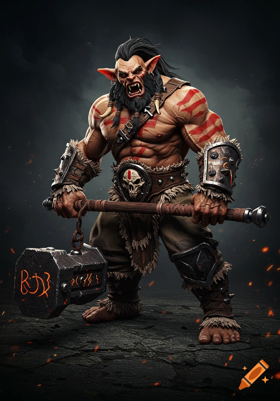 Rendered image of a muscular orc barbarian holding a large hammer weapon. on Craiyon