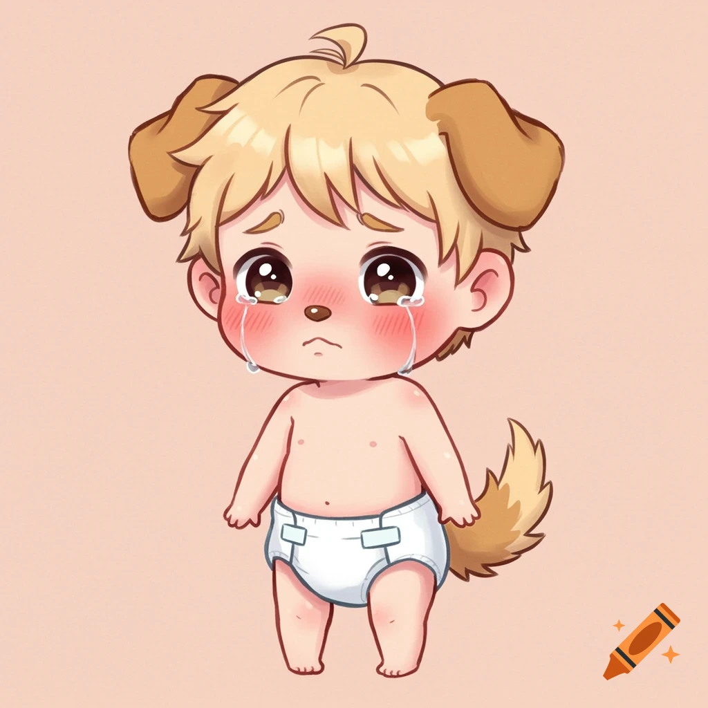 Chibi cartoon of crying toddler boy with dog ears and tail wearing a ...