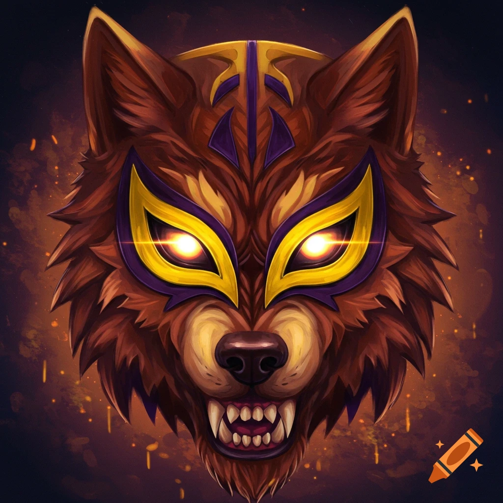 Illustration of a wolf wearing a gold and purple luchador mask with ...