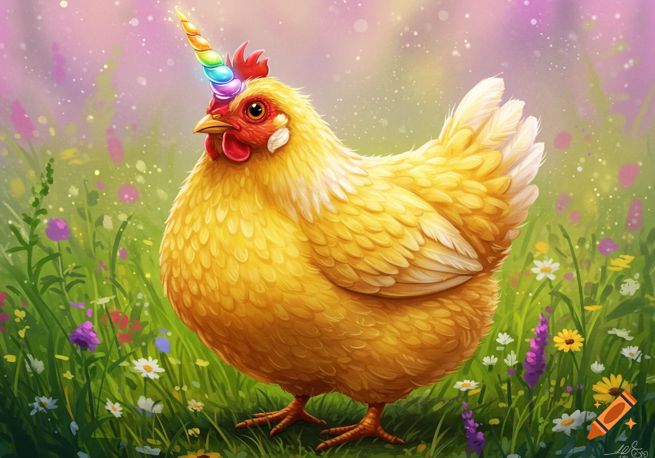 Illustration of a yellow chicken with a rainbow unicorn horn standing ...