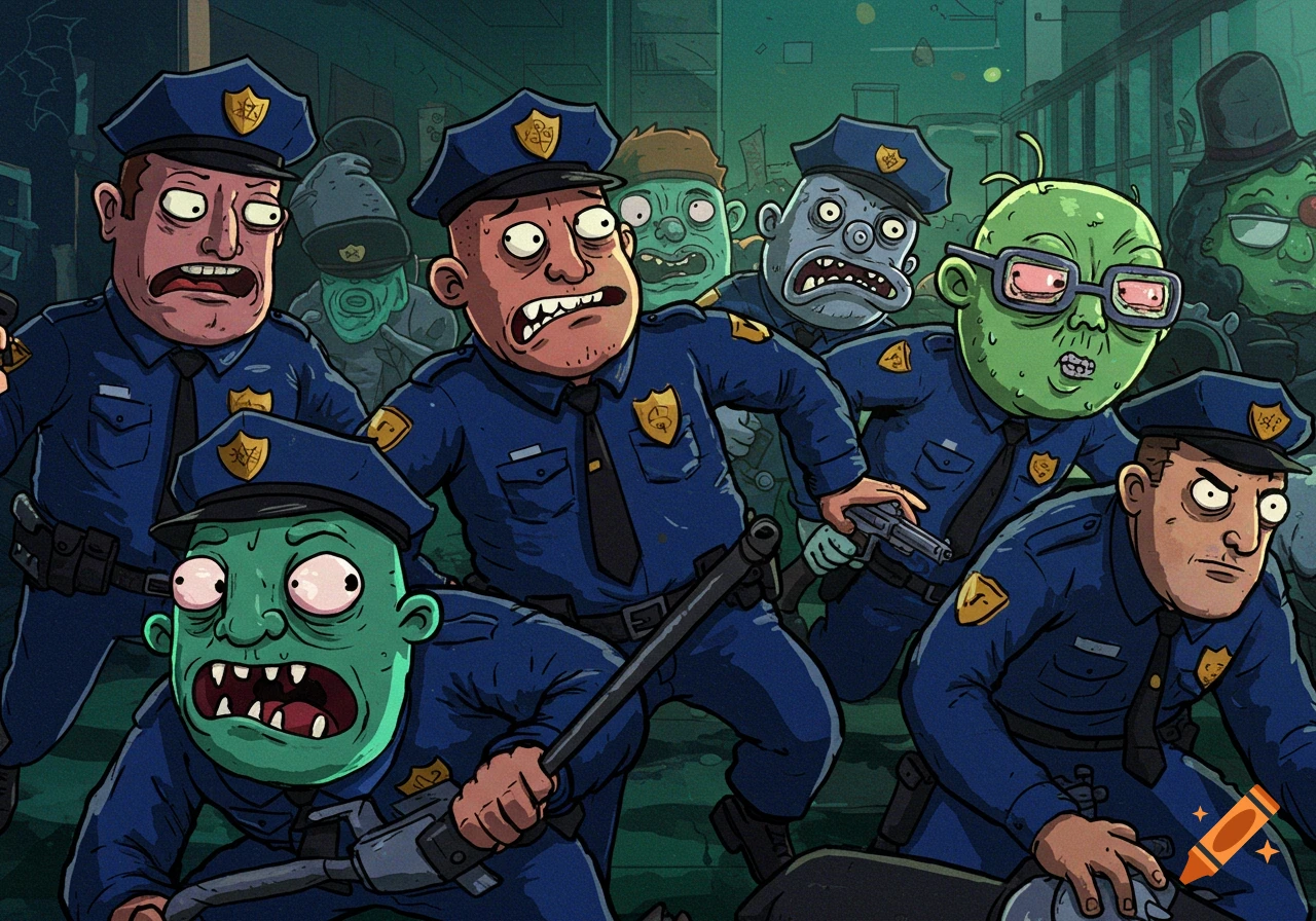 Cartoon zombie police officers looking panicked in a dark scene. on Craiyon
