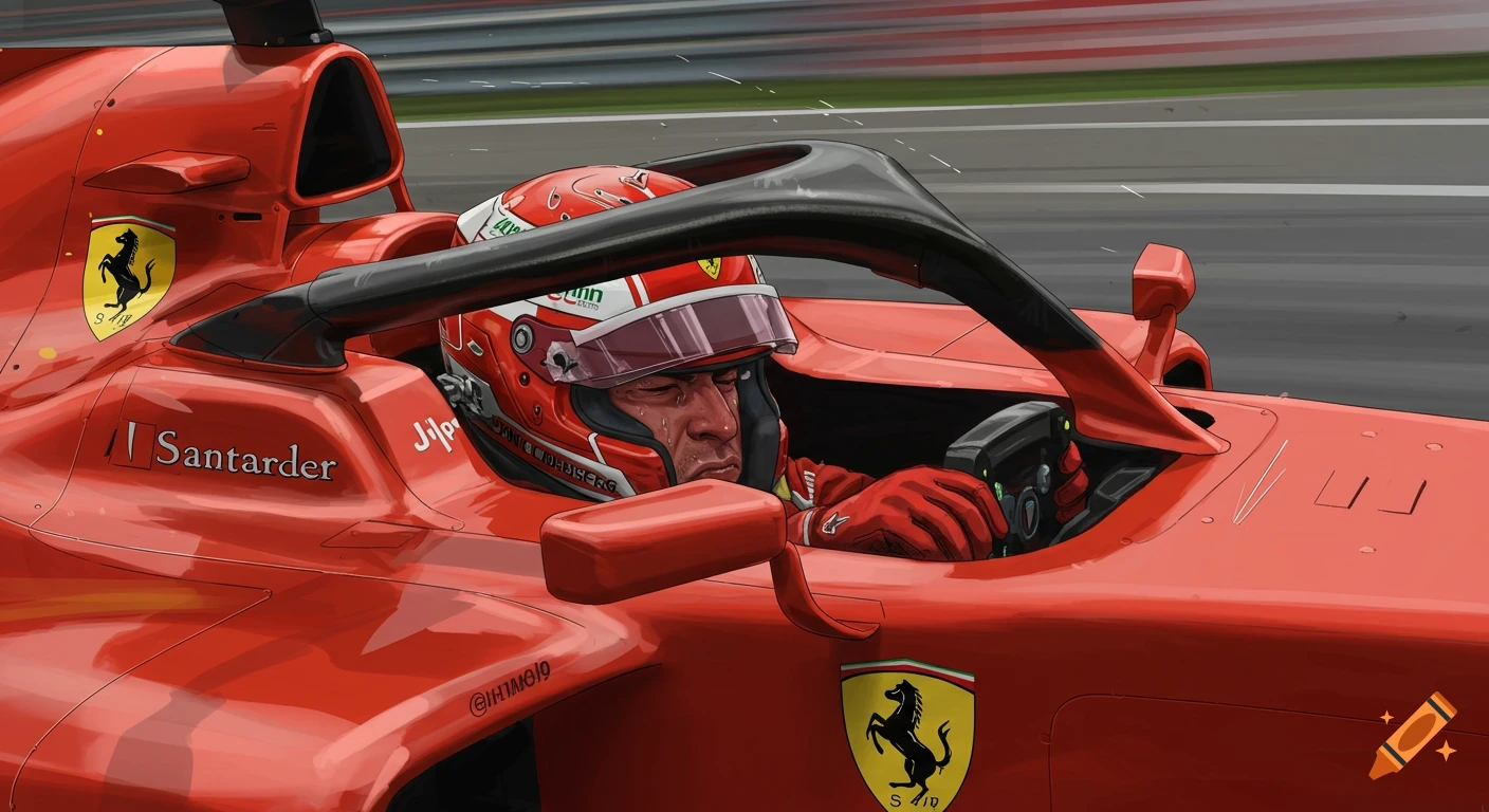 Close-up illustration of a stressed F1 driver in a red Ferrari car ...