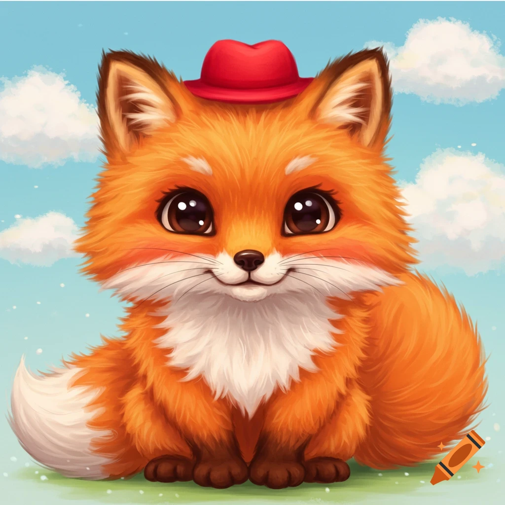 A cute cartoon fox wearing a red hat sits on grass under a cloudy sky ...