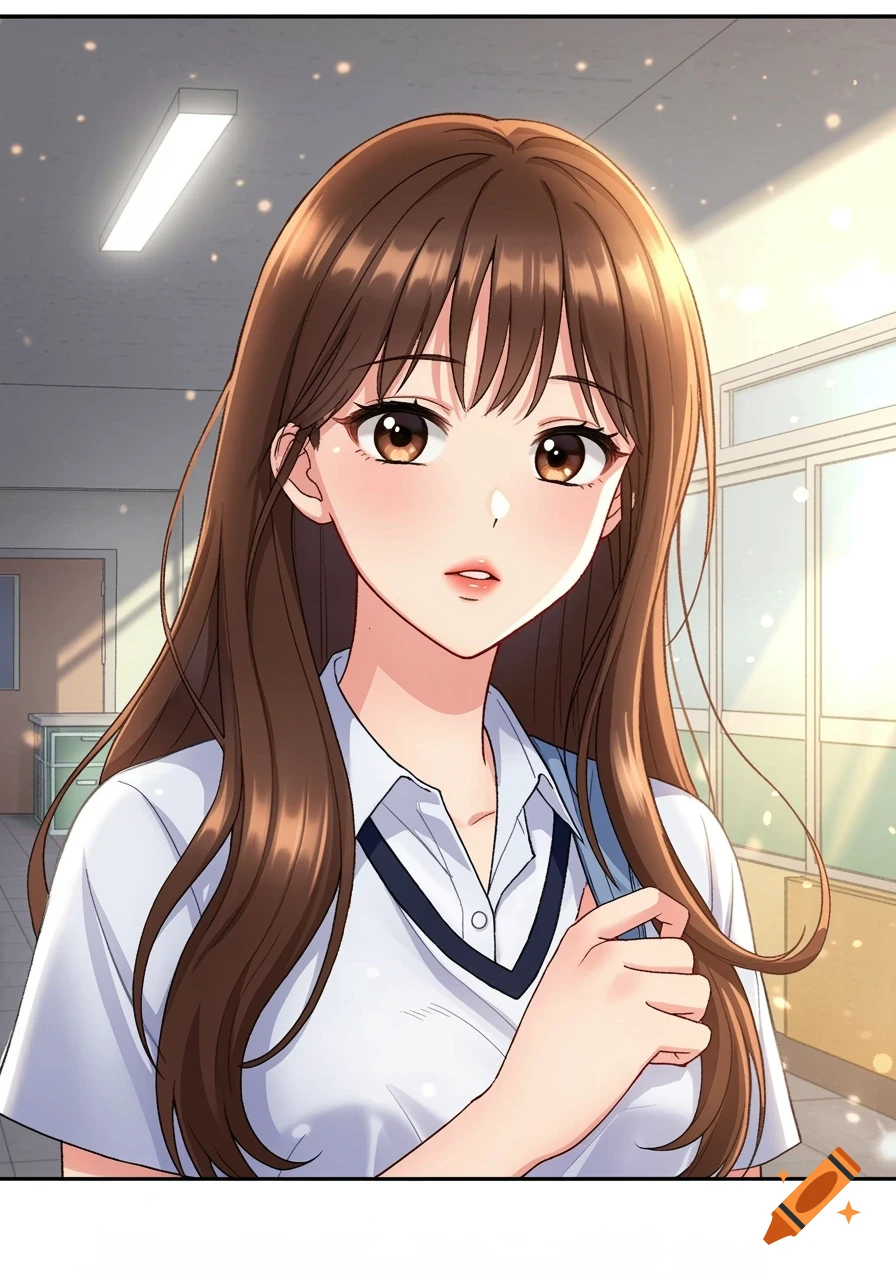 High school girl with brown hair and eyes in a webtoon art style, standing in a hallway. on Craiyon