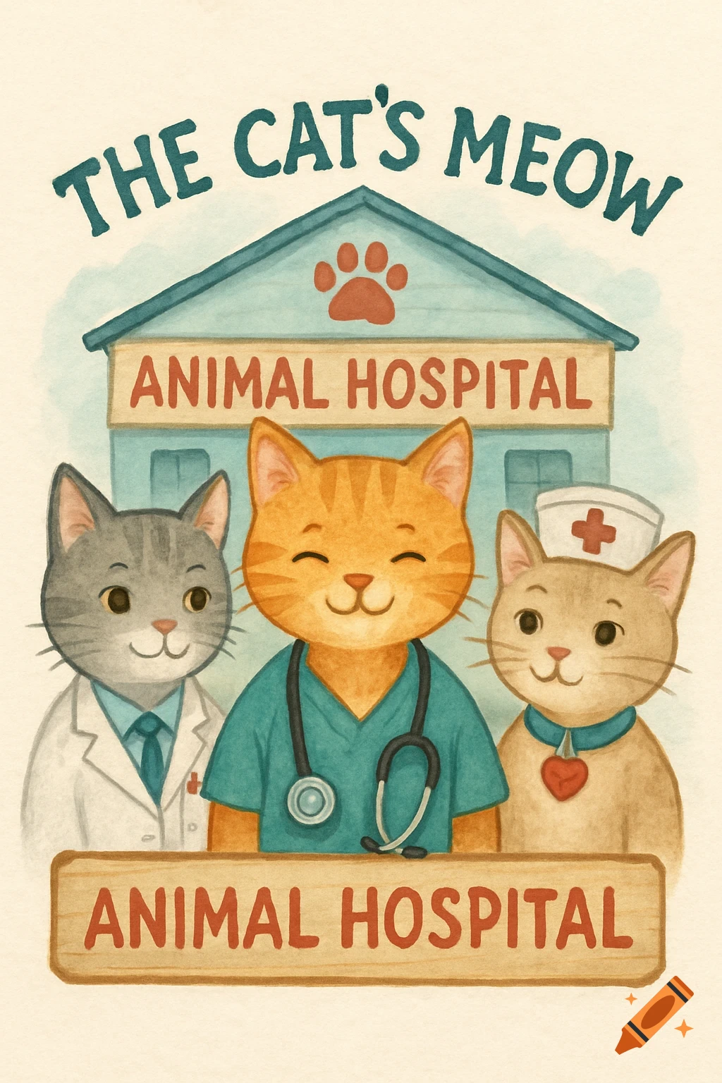 Three cartoon cats dressed as veterinary staff in front of an animal ...