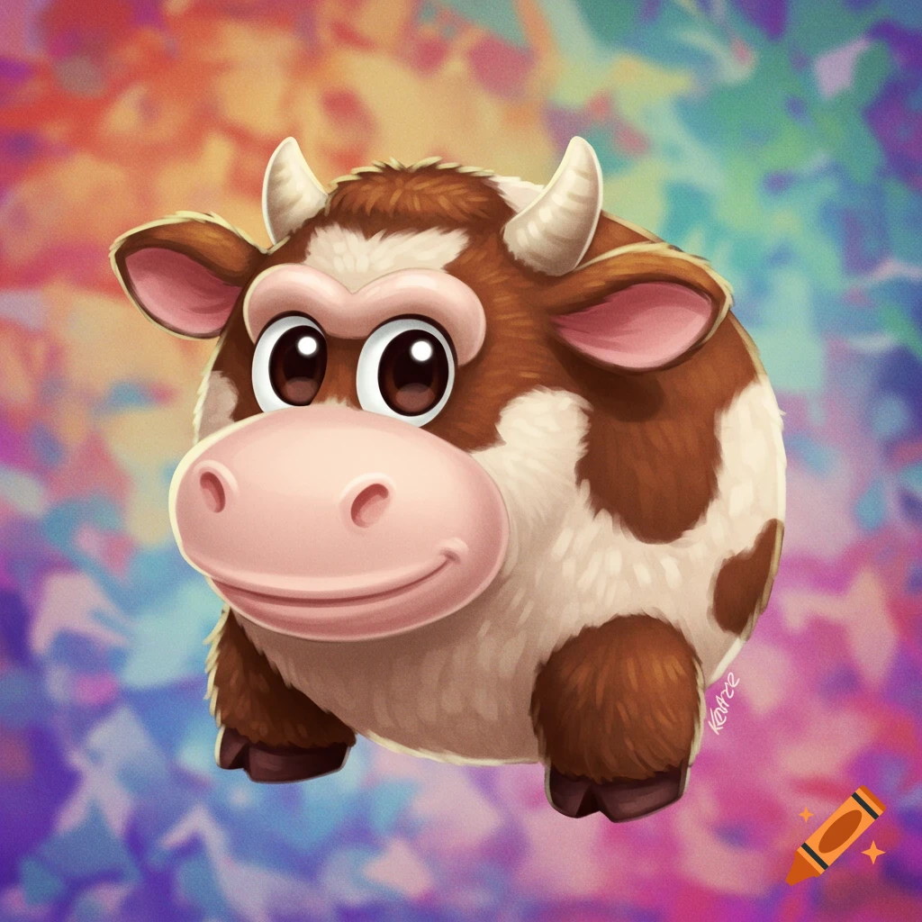 A round, fluffy cartoon cow with large eyes and a pink nose floats ...