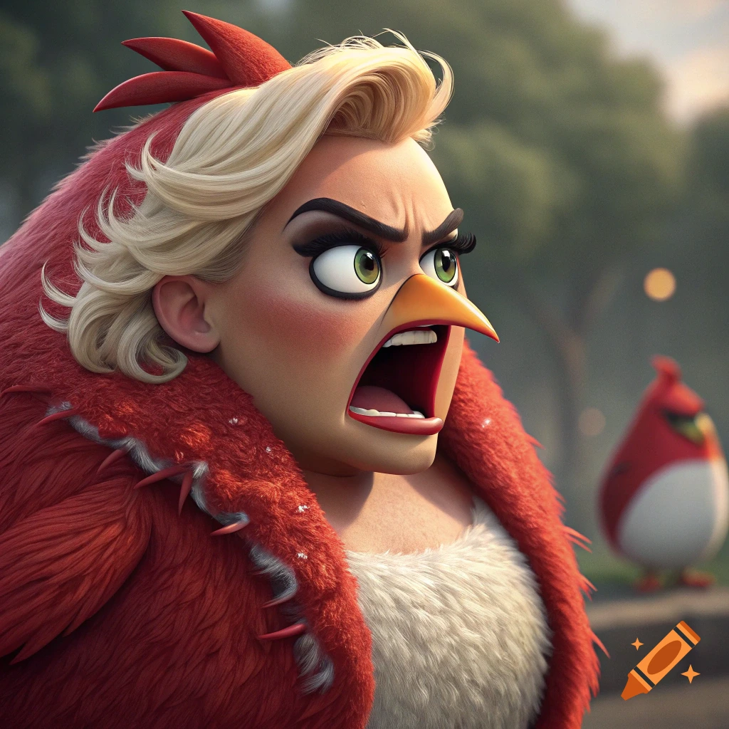 Close-up of a cartoon-like human-bird hybrid character with blonde hair ...