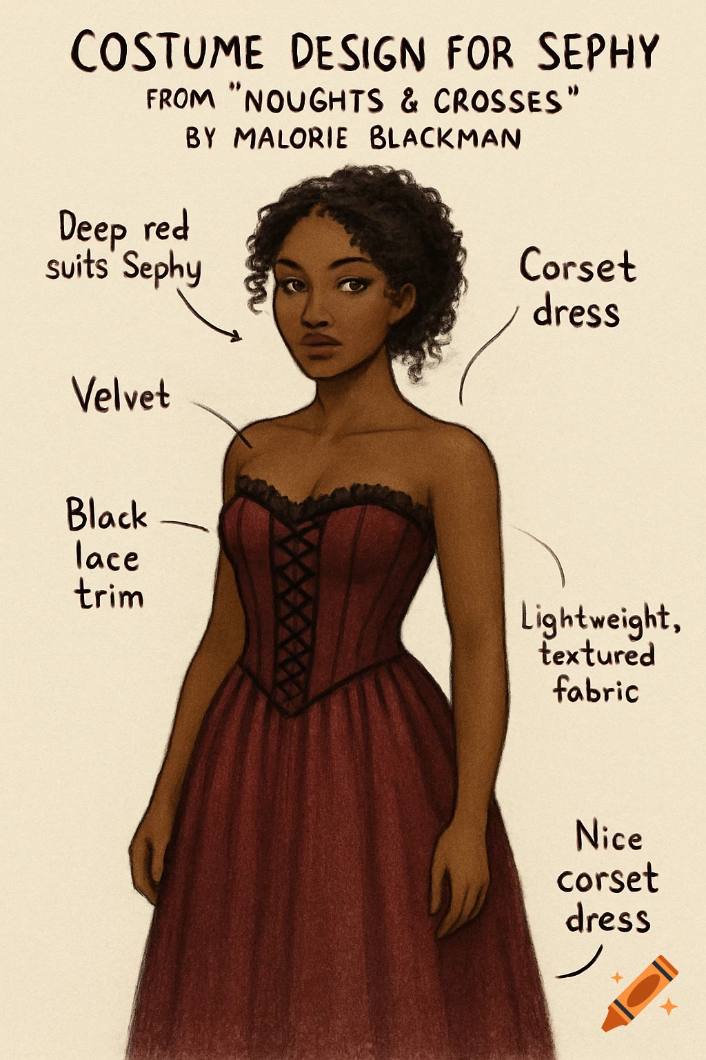 Drawing of Sephy in a red corset dress with costume design annotations ...