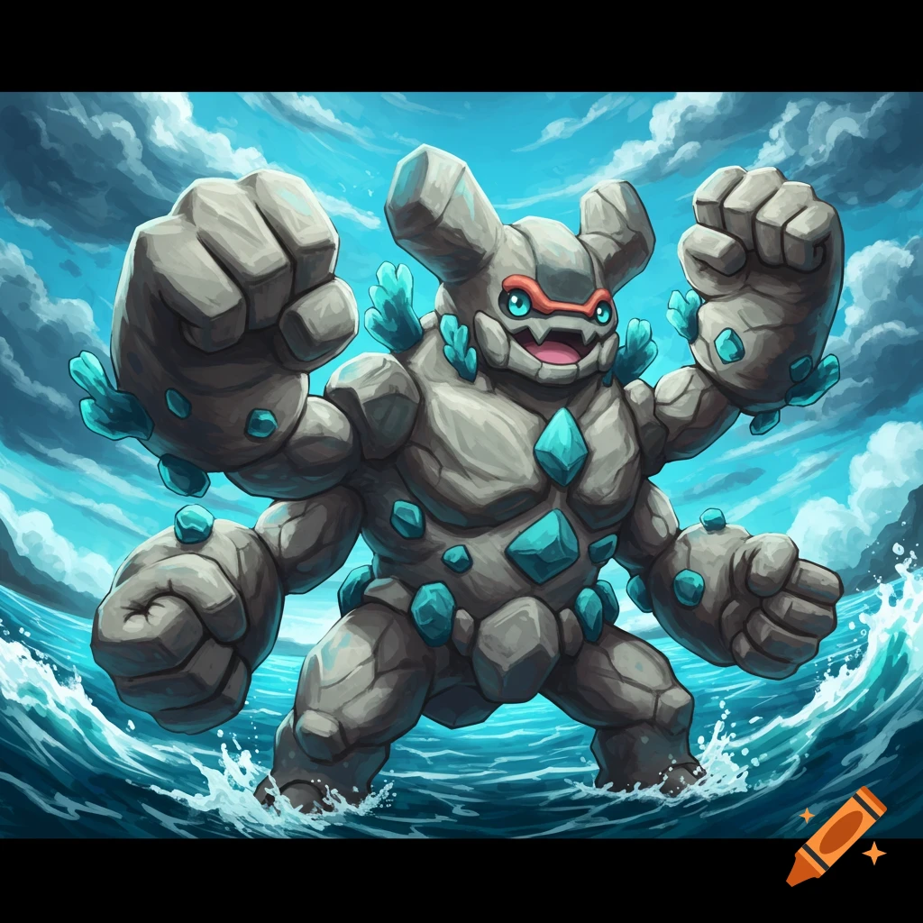 A large rock creature with crystal growths and multiple fists stands in ...