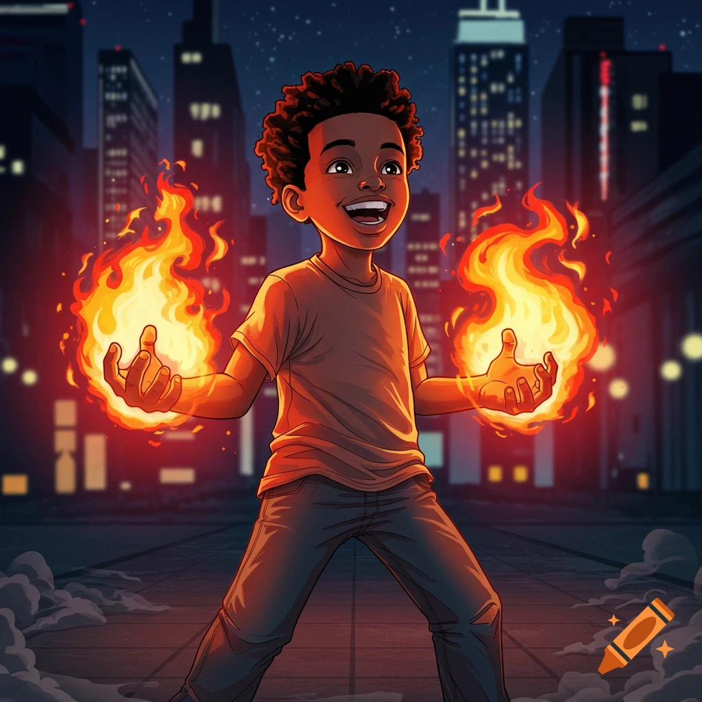 Illustration of a black boy with fire shooting from his hands, standing ...