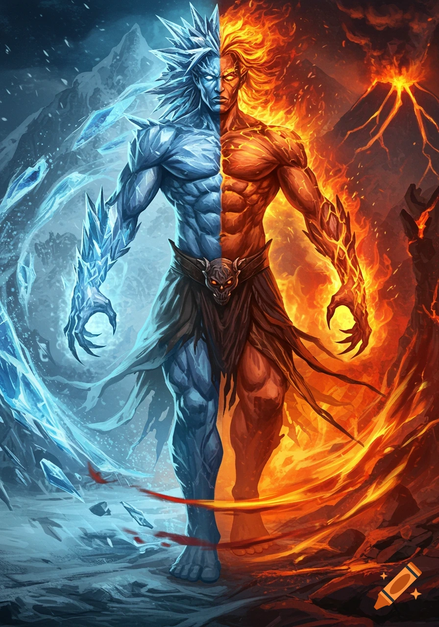 Fantasy illustration of a humanoid god figure split between ice and ...