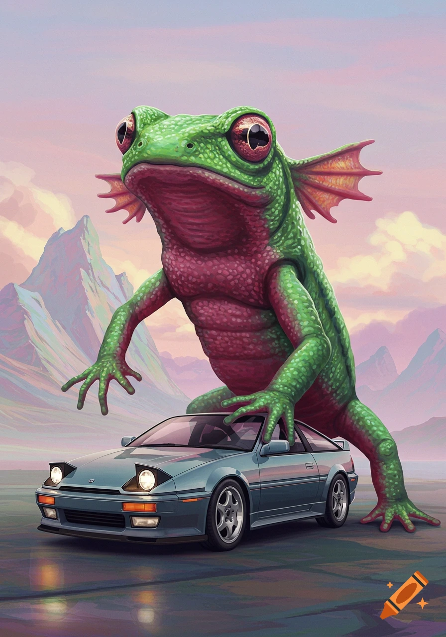 A giant green and red frog-like creature stands on top of a blue sports ...