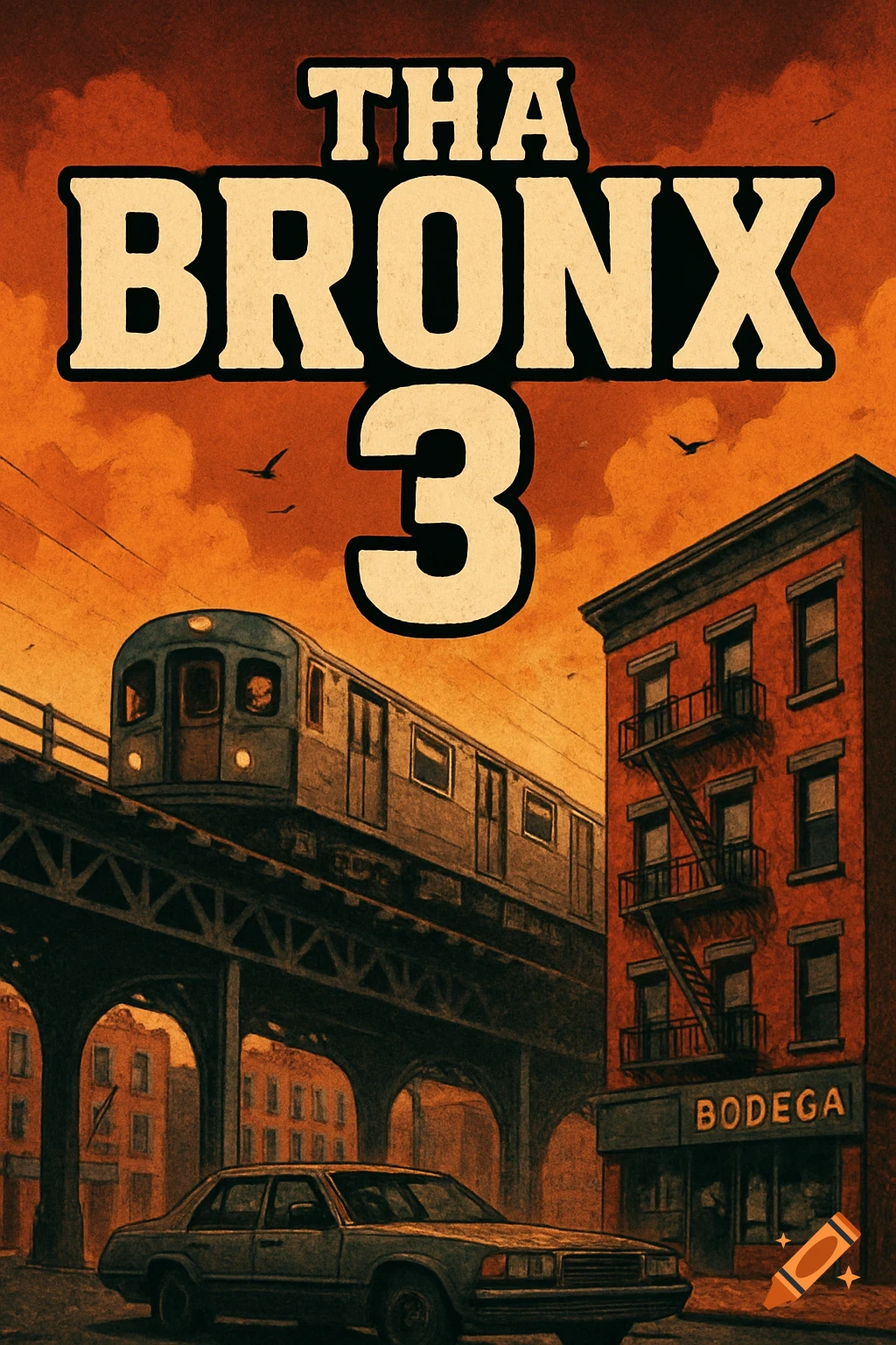 Stylized urban illustration with elevated train, car, building, and ...