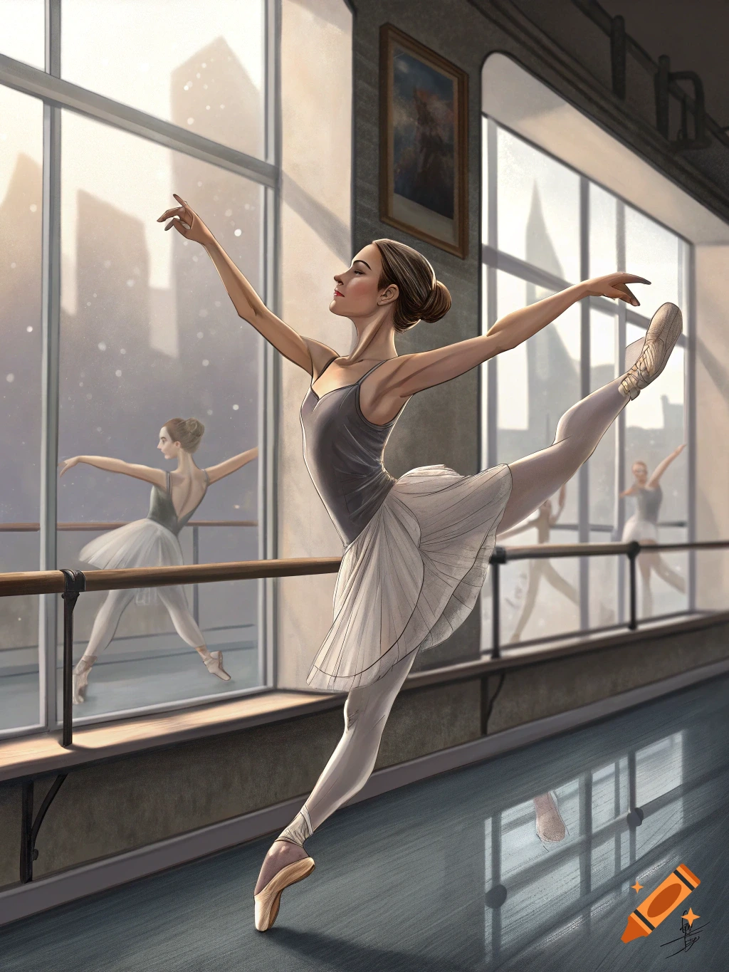 Illustration of a ballerina dancing in a studio with windows and a ...