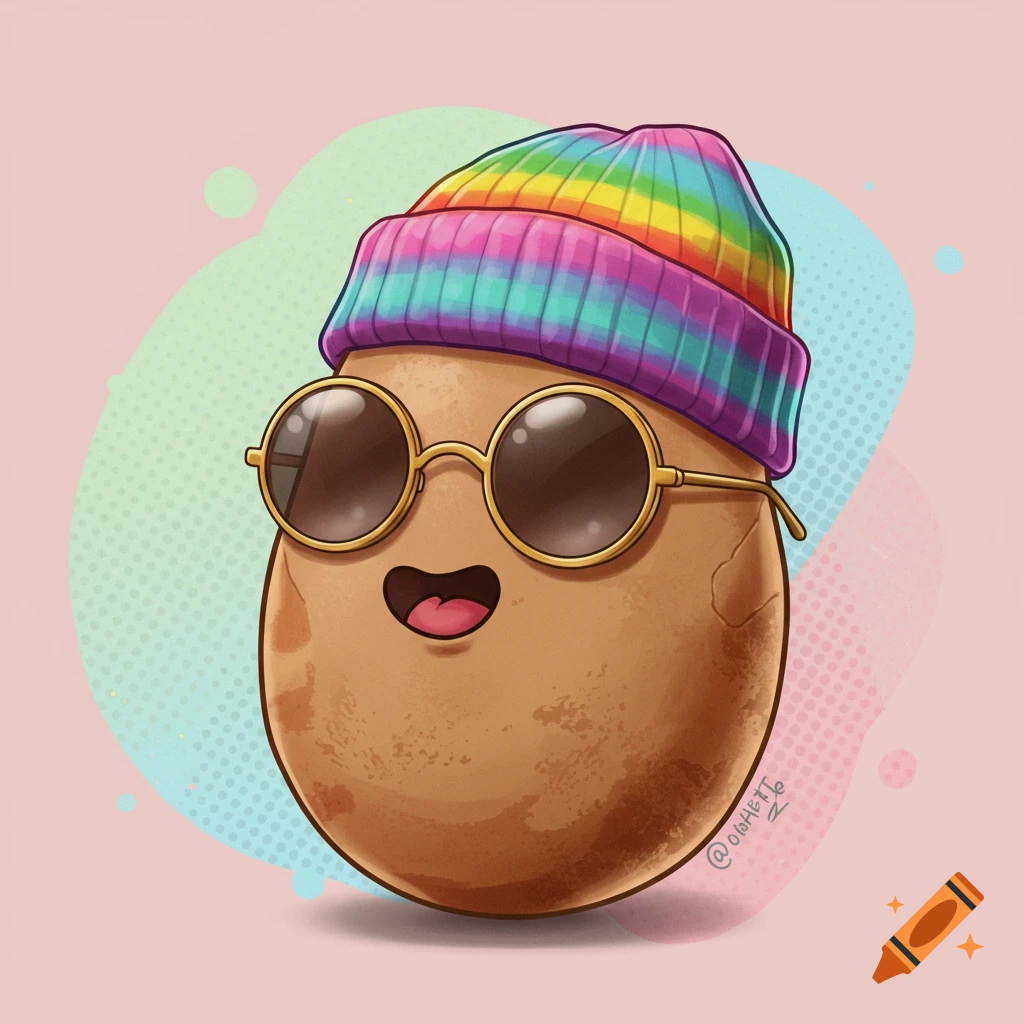 Cartoon potato wearing a rainbow beanie and round sunglasses on Craiyon
