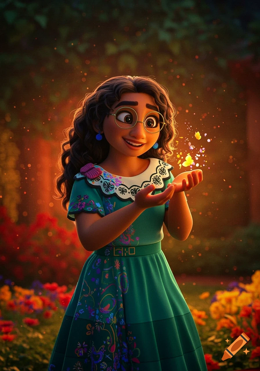 Animated character resembling Mirabel from Encanto holding hands out ...