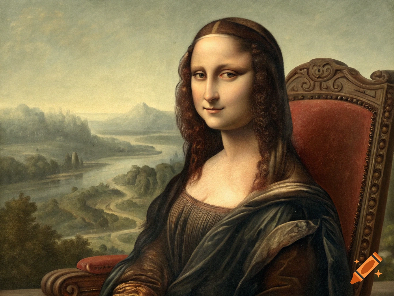 Portrait of a woman in a chair, in the style of the Mona Lisa painting ...
