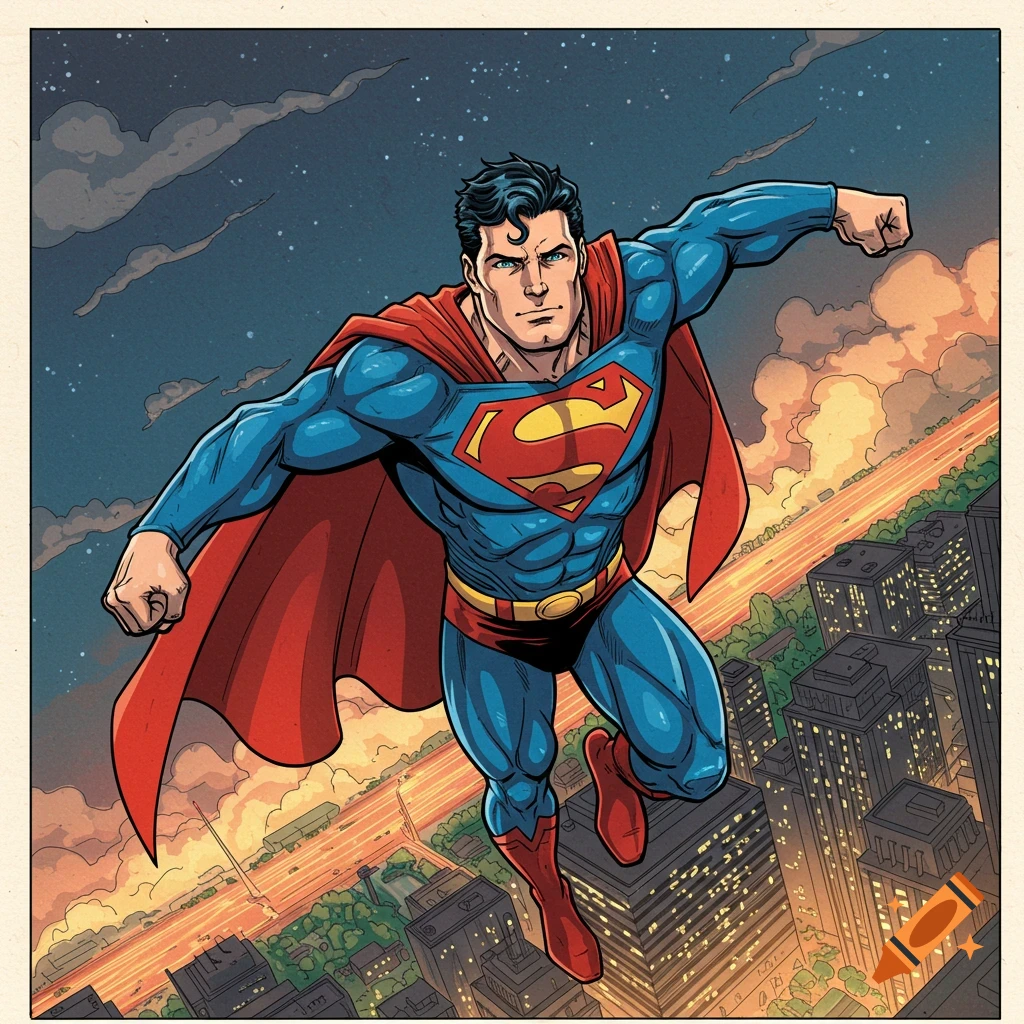 Superman flying over a city at sunset in a comic book style ...