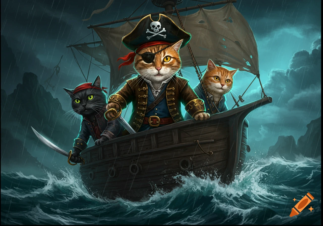 Three pirate cats, including an eyepatch-wearing captain, on a ship ...