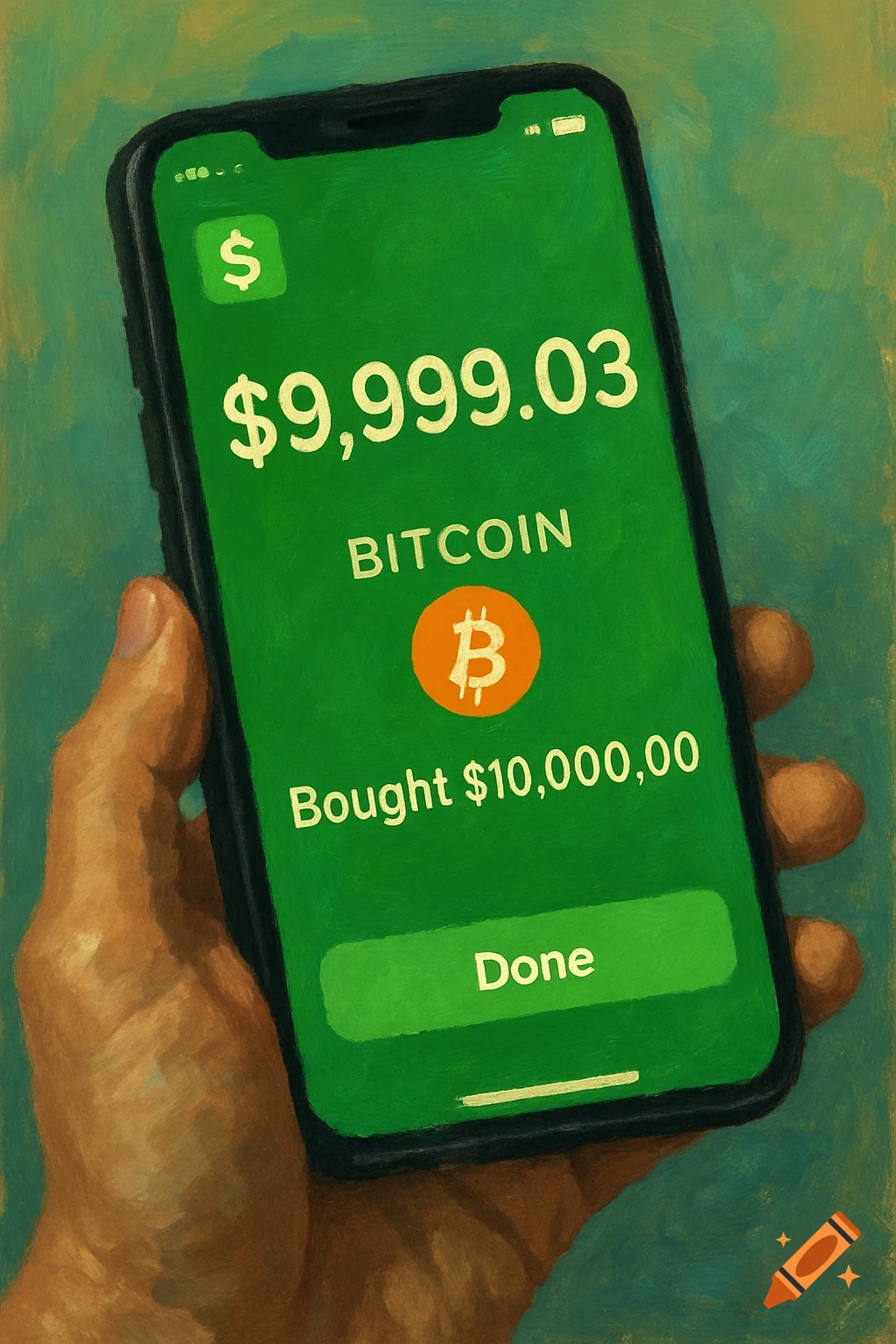 A hand holds a phone showing a green finance app screen with a Bitcoin ...