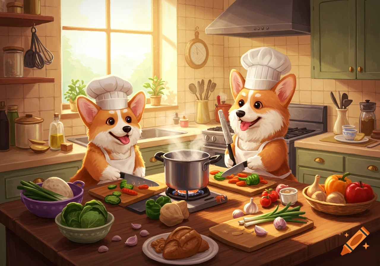 Two corgis in chef hats and aprons cooking in a sunny kitchen, chopping ...