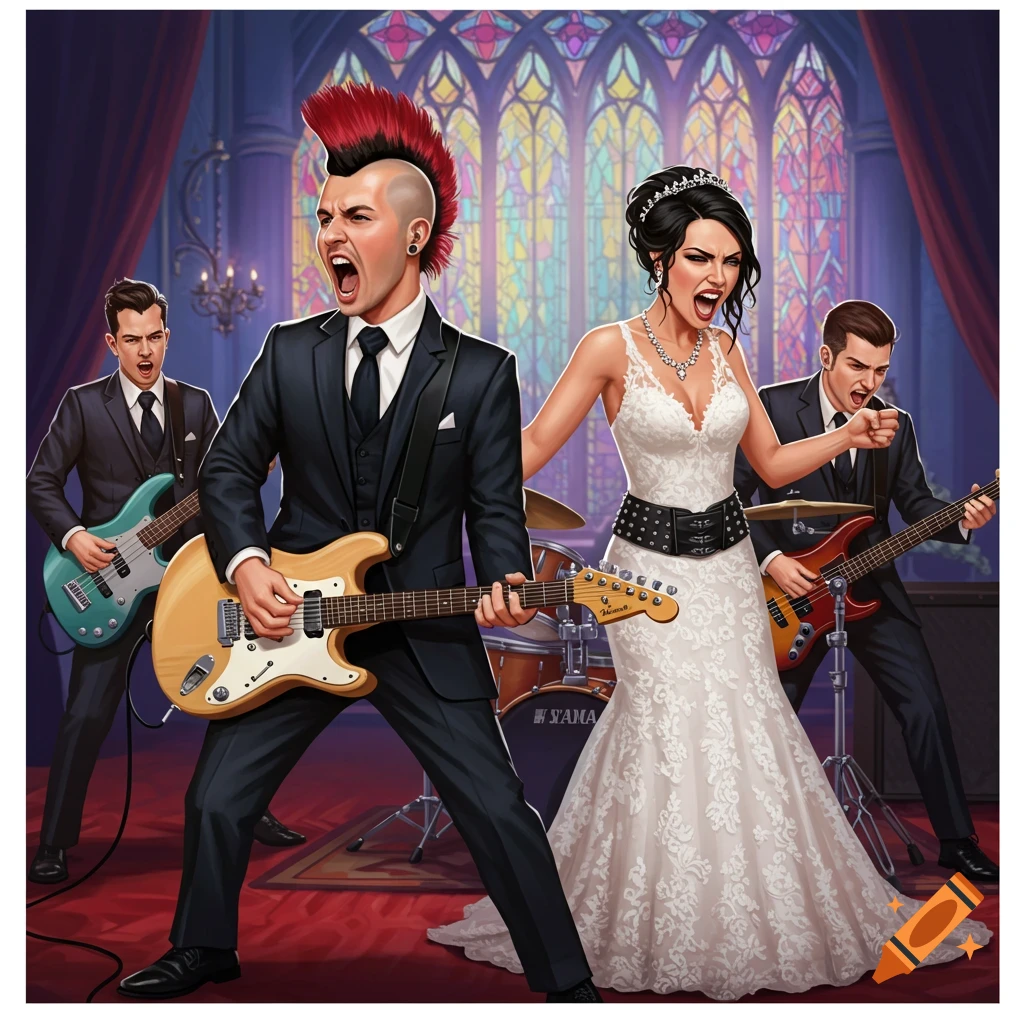 Punk rock wedding band playing in a church with stained glass windows ...