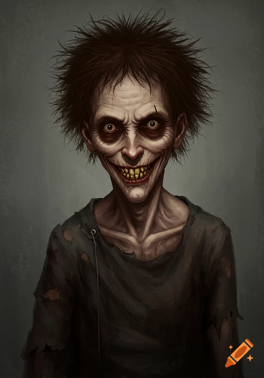 Creepy portrait of a character with messy hair, wide smile, yellow ...