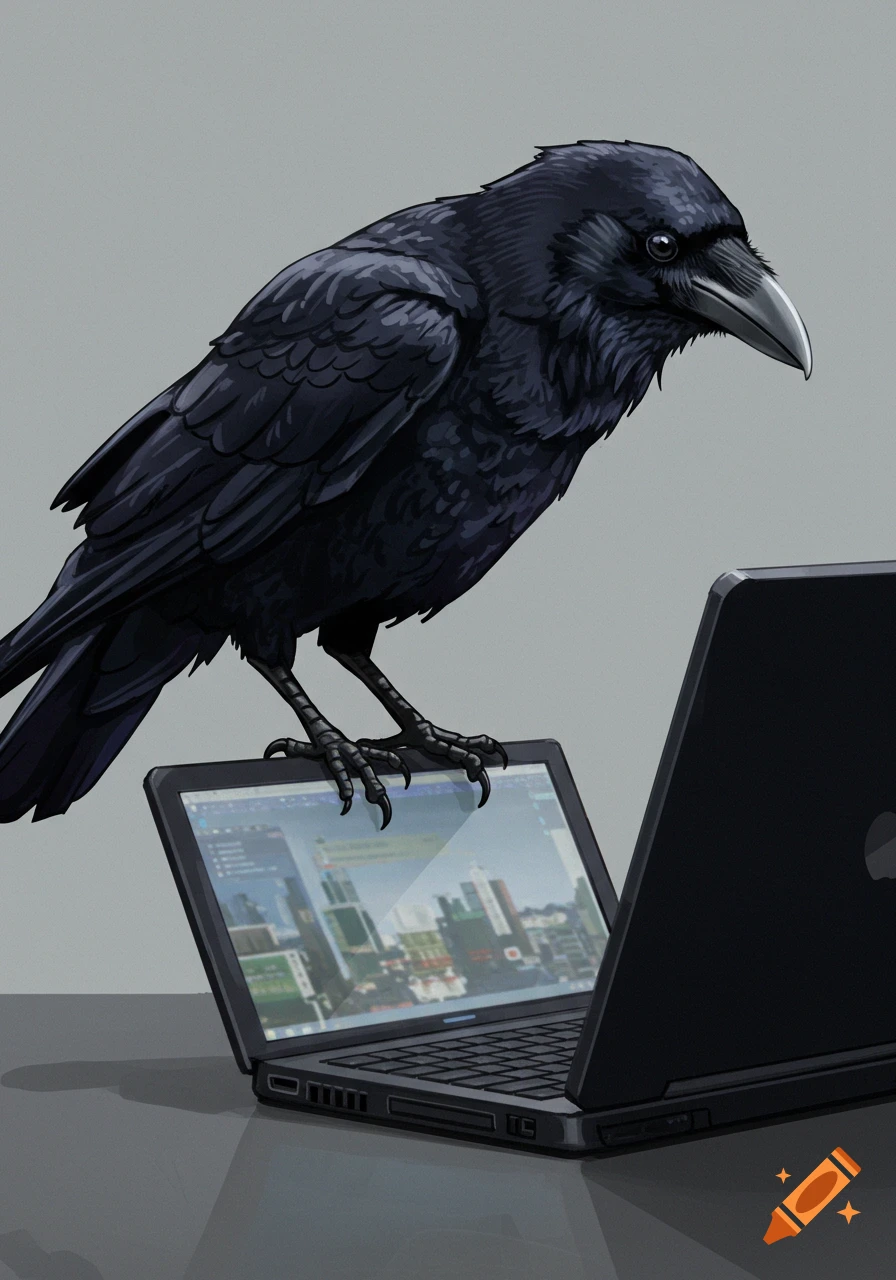 An illustration of a black crow standing on a laptop computer. on Craiyon