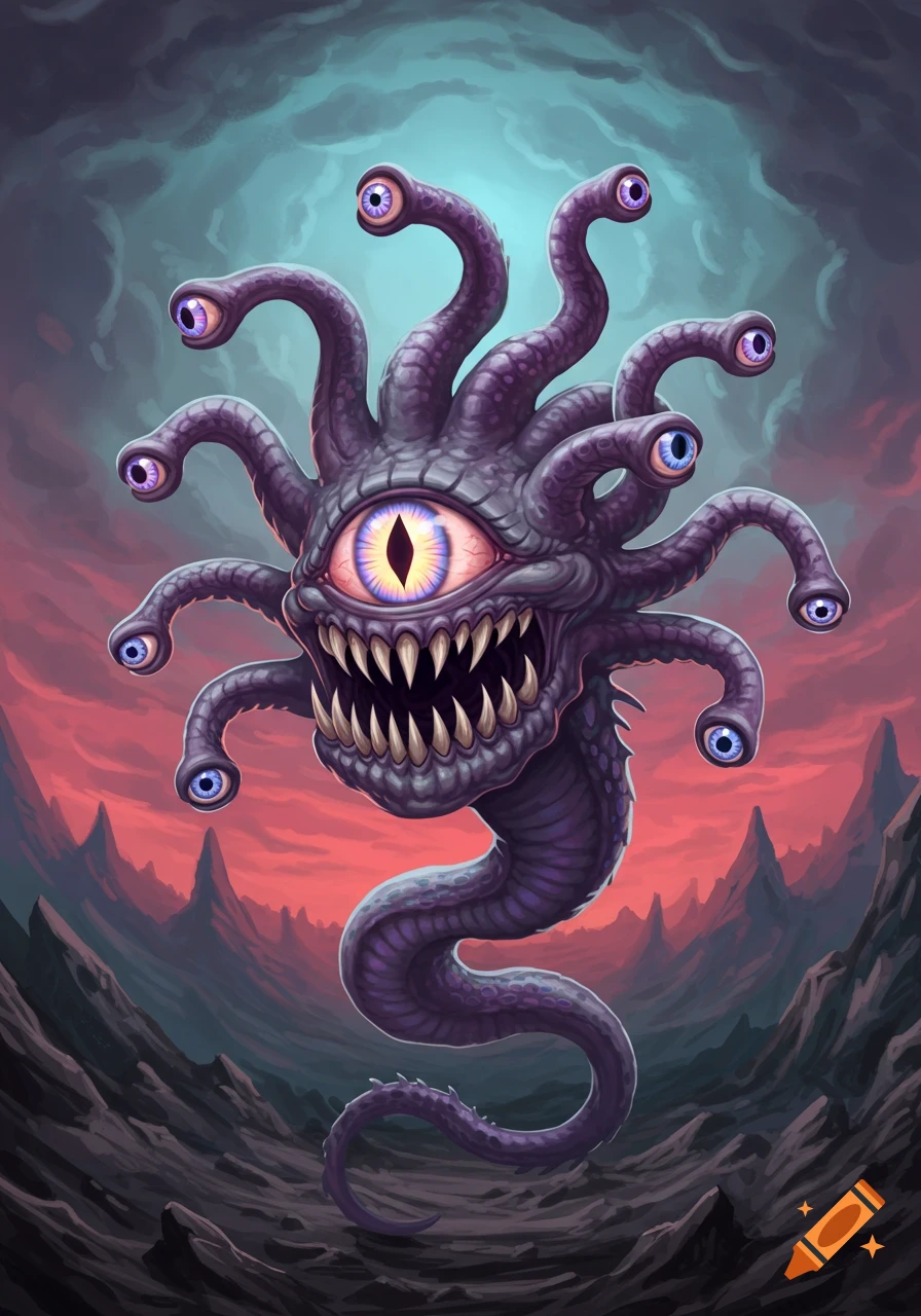 Illustrative fantasy art of a purple beholder monster with many eye ...