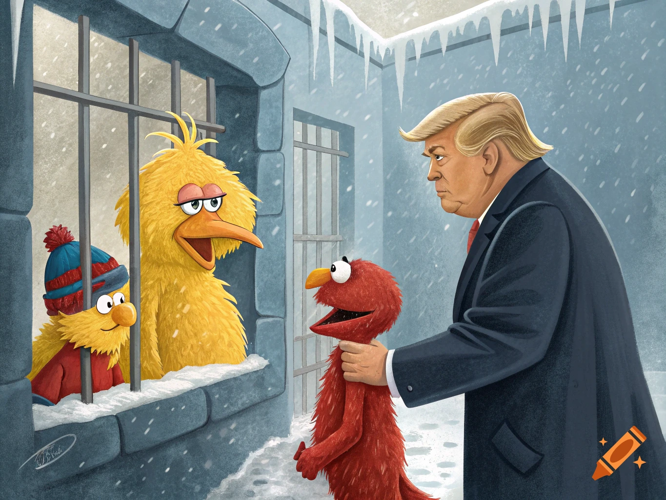 Cartoon of Donald Trump looking at Big Bird and friend behind bars in ...