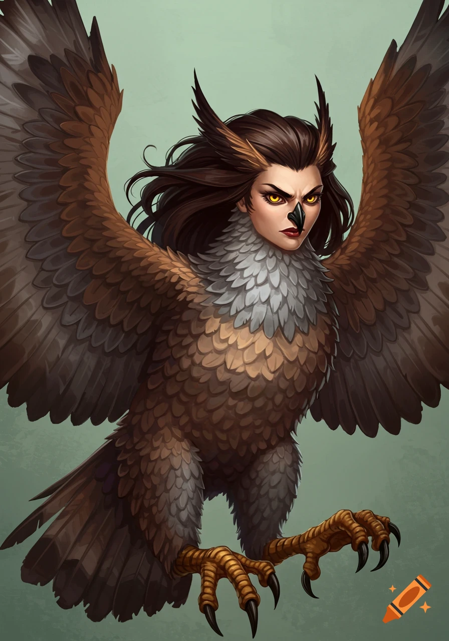 Illustration of a harpy with a human face, brown feathers, and large ...