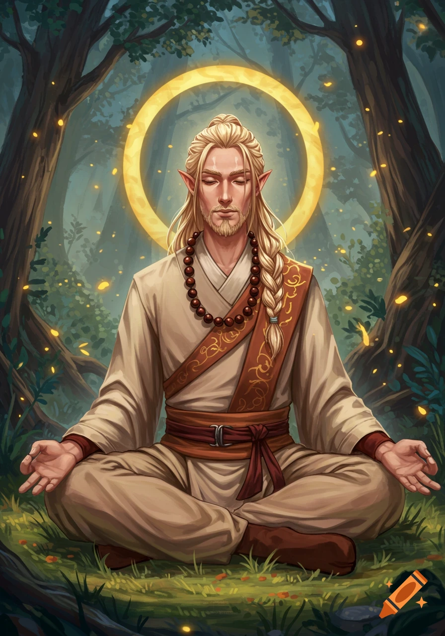 Male elf monk meditating in a forest, wearing robes and beads, with a ...