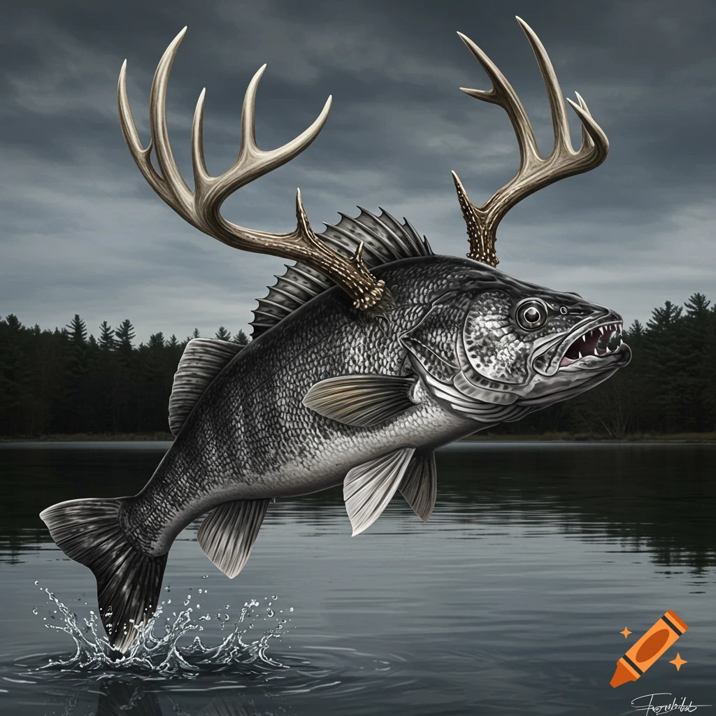 A surreal image of a large fish with deer antlers jumping out of a dark ...