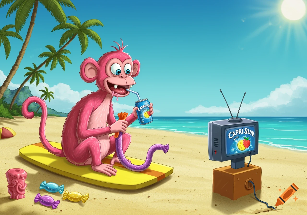 Cartoon pink monkey on a boogie board on a beach, drinking juice and ...