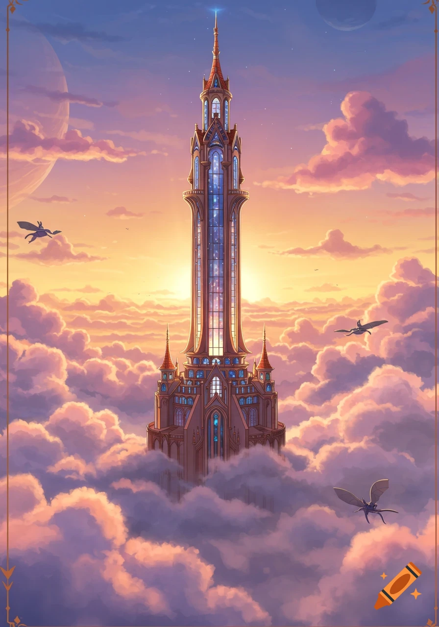 Tall fantasy tower or castle rising above clouds during a colorful ...