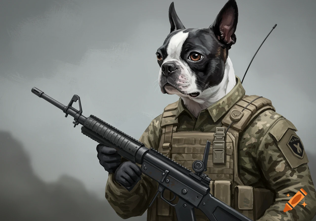 A Boston Terrier dog in camouflage military gear holds a rifle. on Craiyon