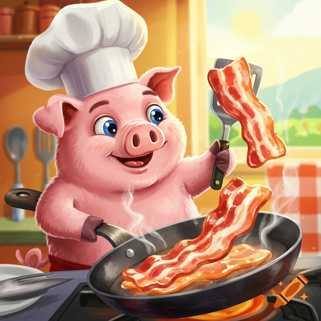 Cartoon pig chef frying bacon in a pan. on Craiyon