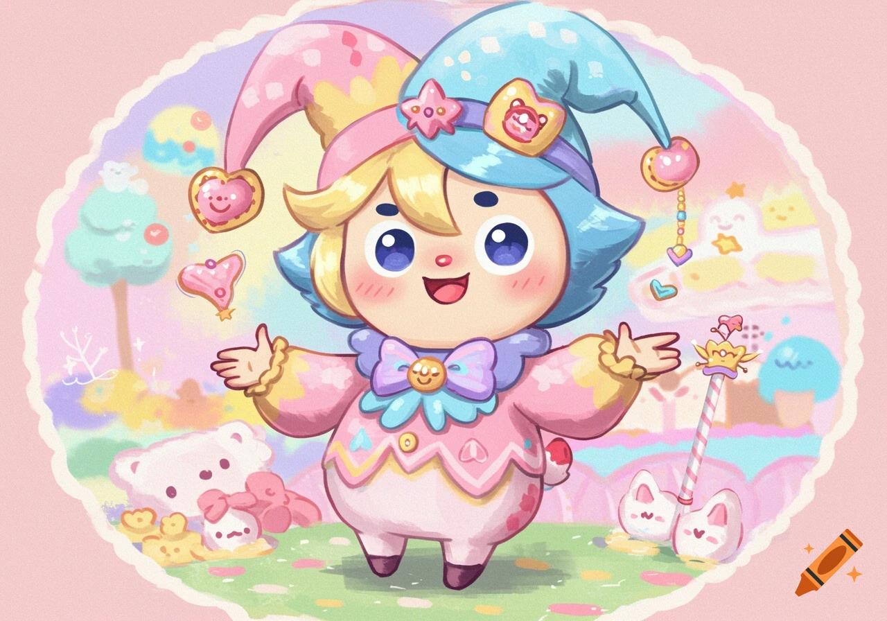 A cute pastel cartoon character in a jester outfit stands in a ...