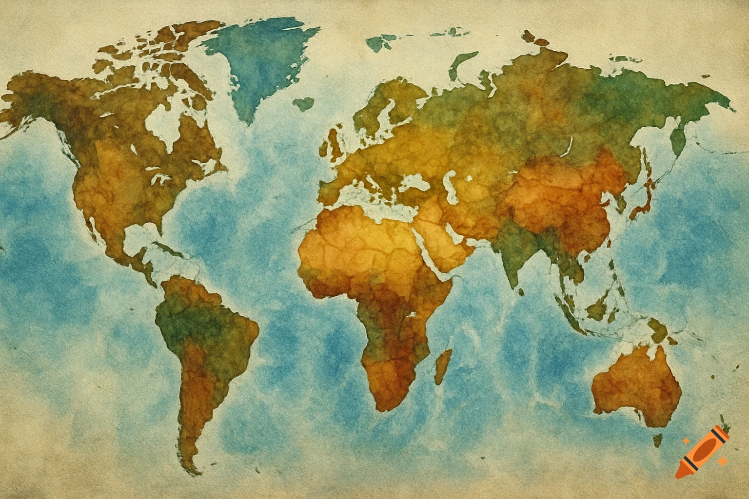 A world map rendered in a watercolor or textured paper style. on Craiyon