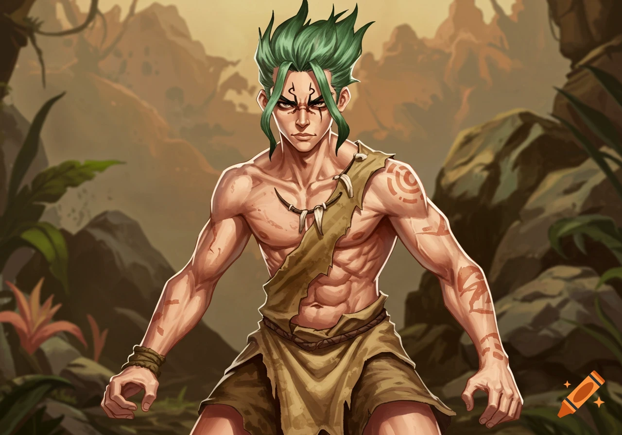Anime illustration of a muscular man with green spiky hair, face & body ...