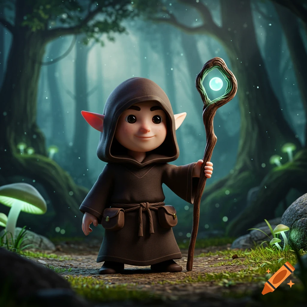 A small 3D fantasy wizard character with a hood and staff stands in a ...