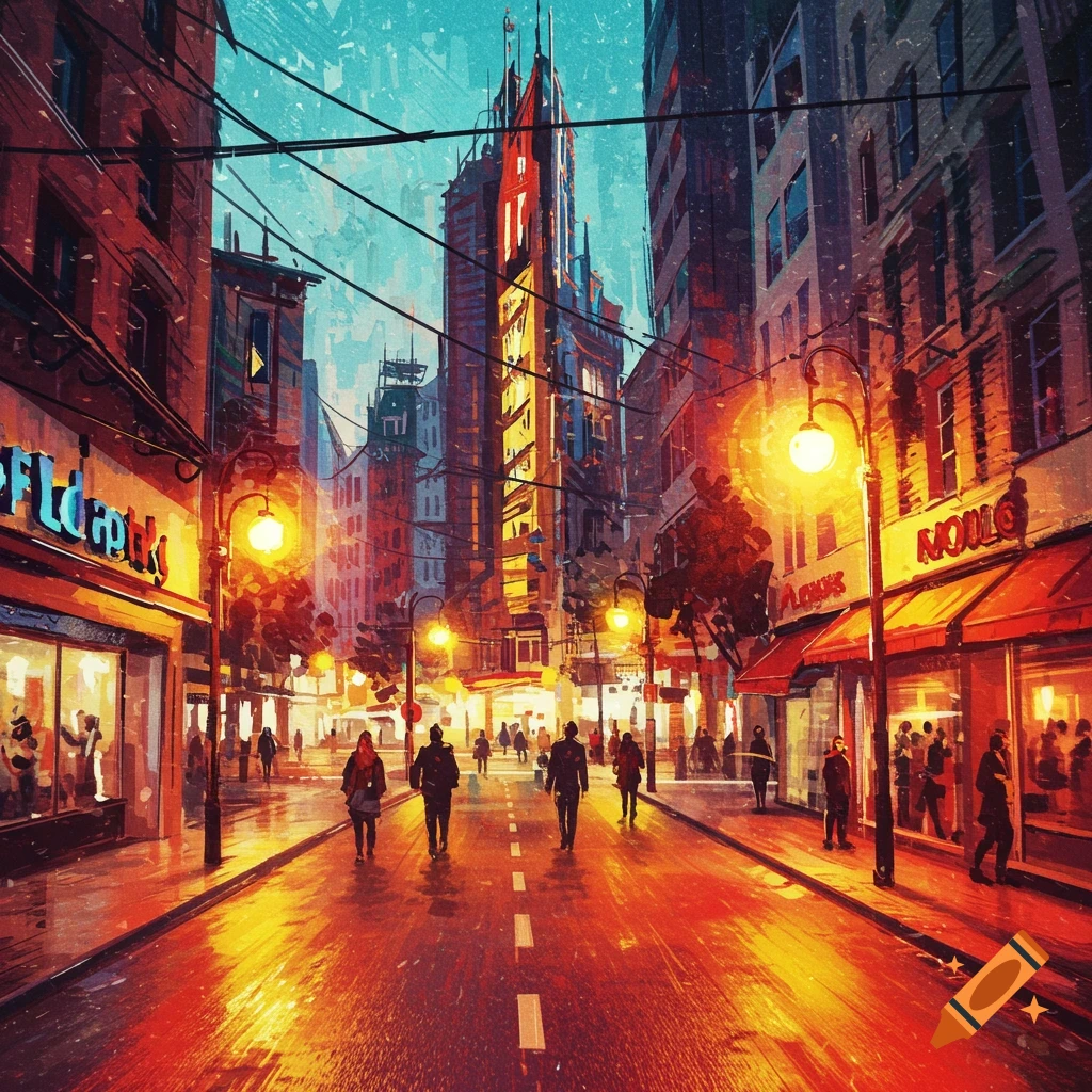 Painting of a busy city street at night with pedestrians walking under ...