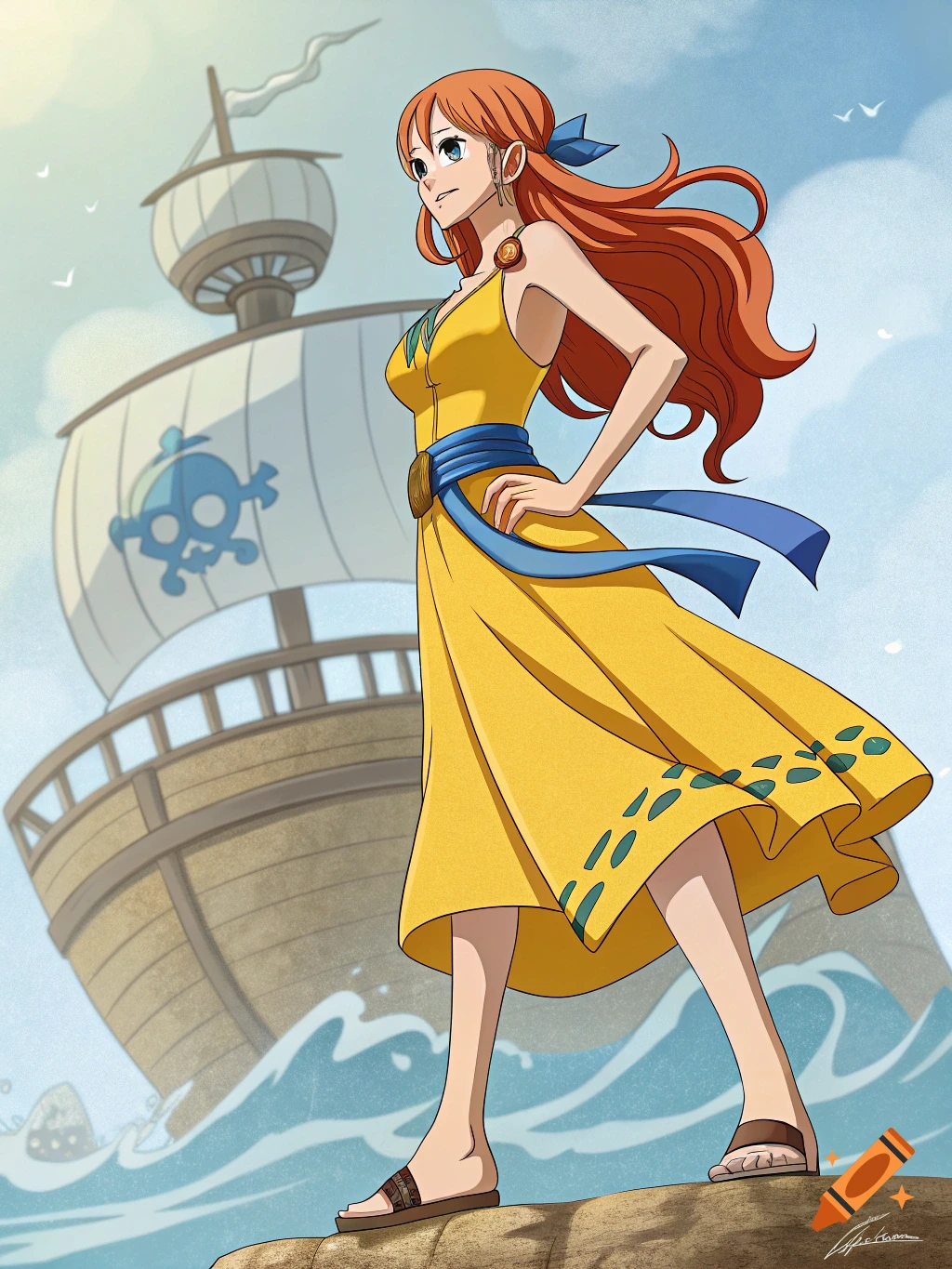 Anime character Nami standing on rocks by the sea with a ship behind ...