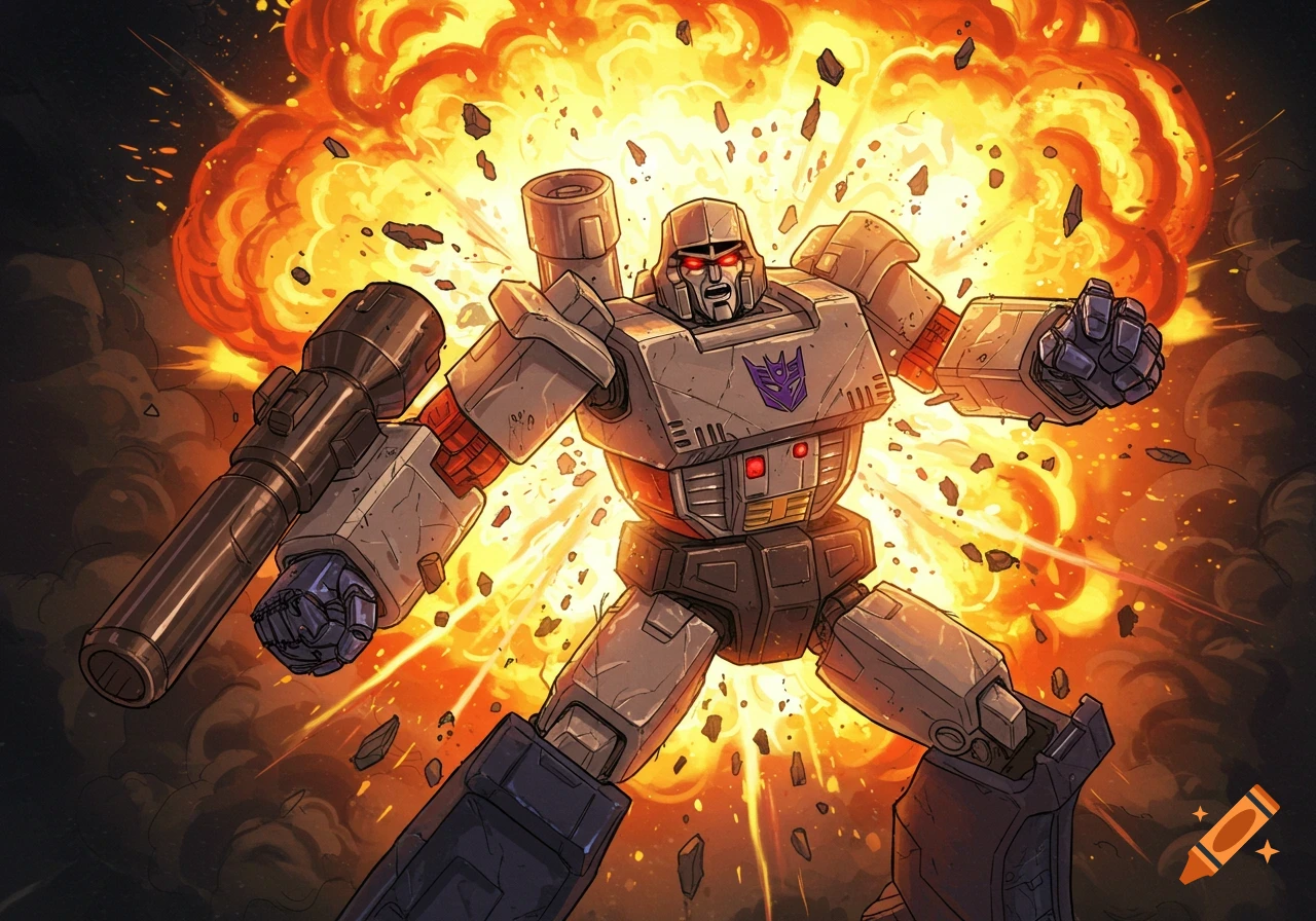 Megatron stands in front of a large explosion in a cartoon style. on ...