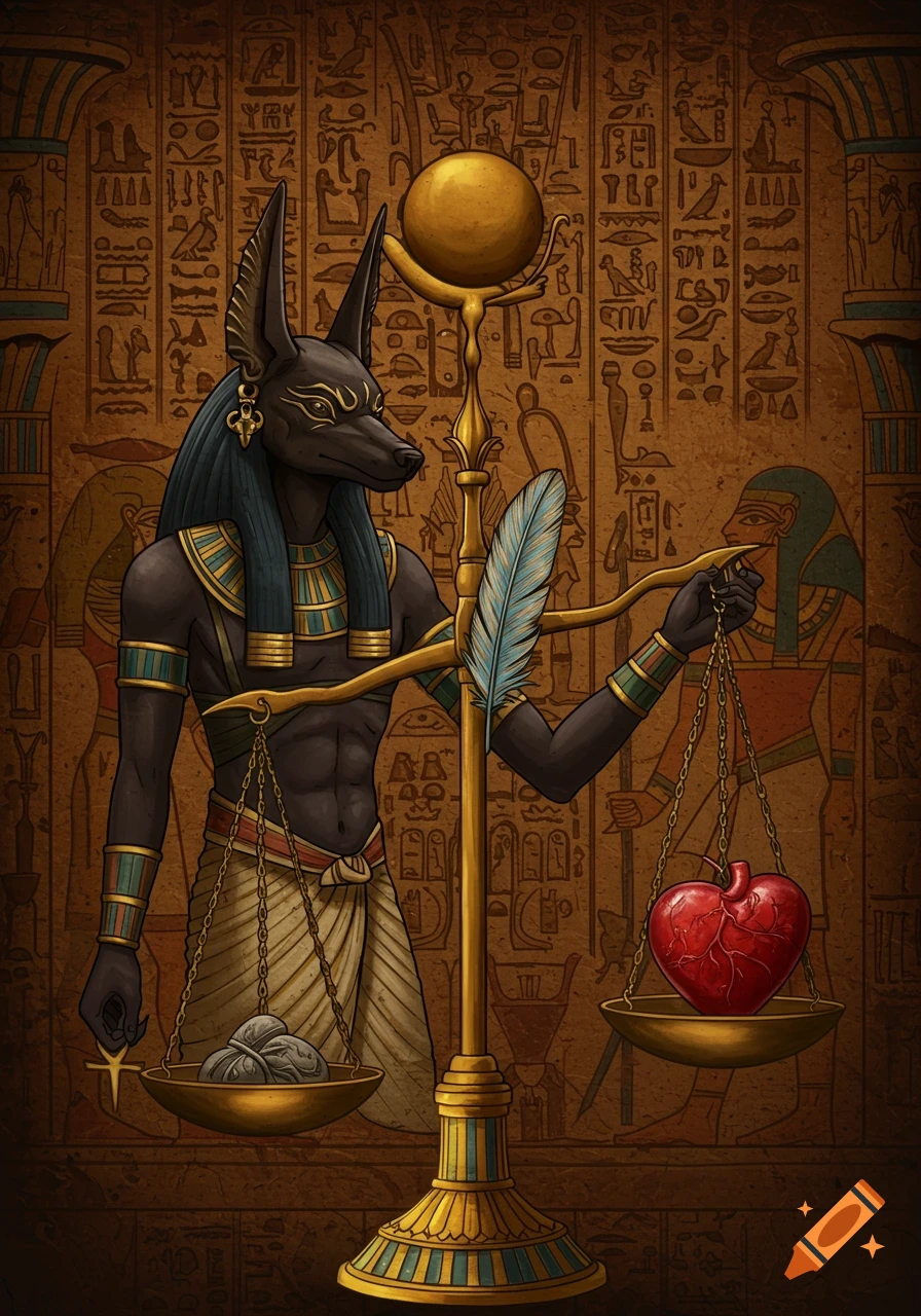 Anubis with scales, balancing a heart against a feather, against a ...