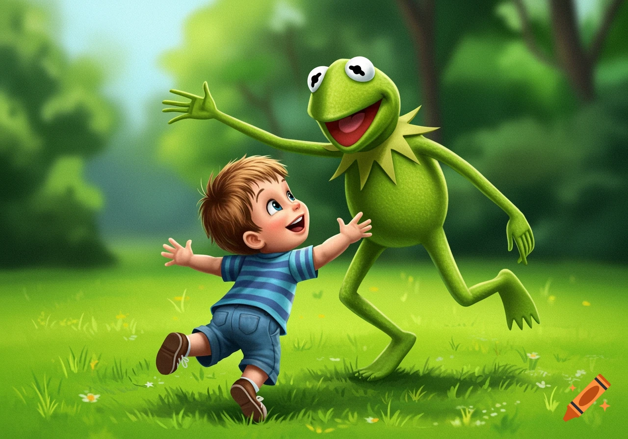 Cartoon image of a young boy and Kermit the Frog reaching out to each ...