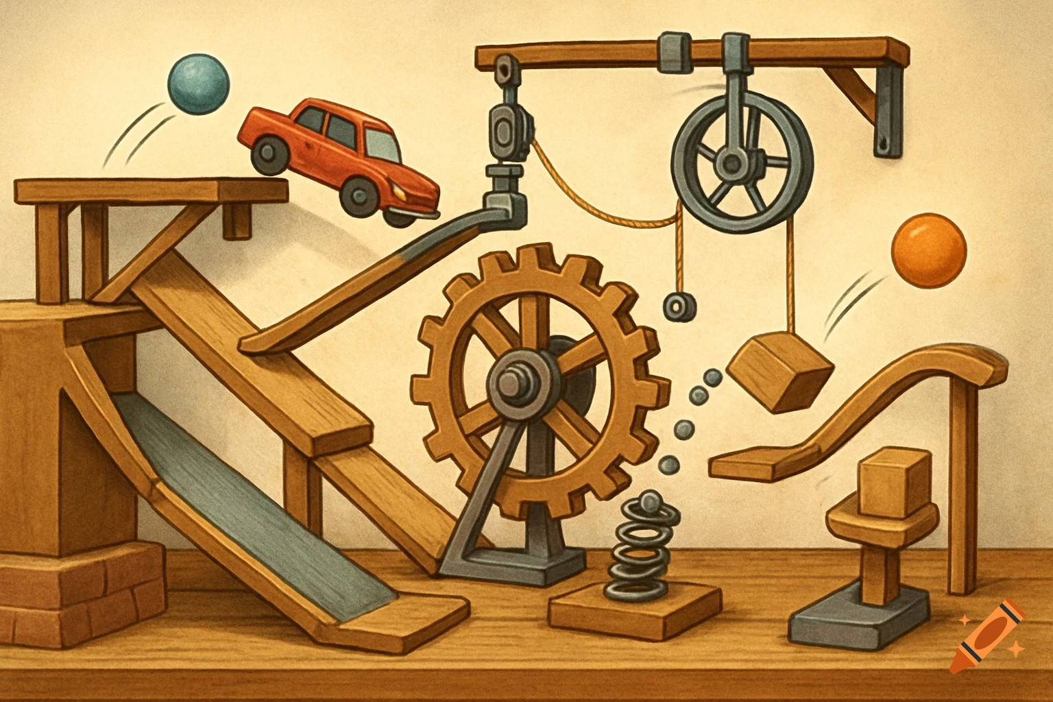 Illustrated Rube Goldberg machine with ramps, gears, pulley, toy car ...