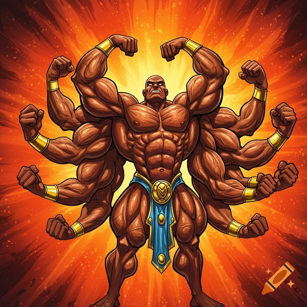 Stylized illustration of a muscular man with multiple arms flexing. on ...