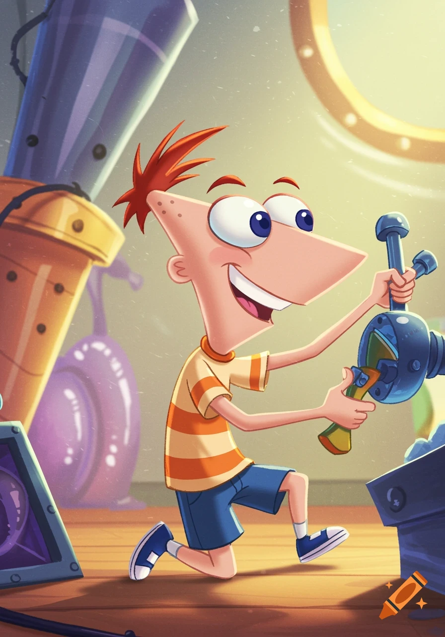Phineas Flynn character kneeling, working on machinery in cartoon style ...