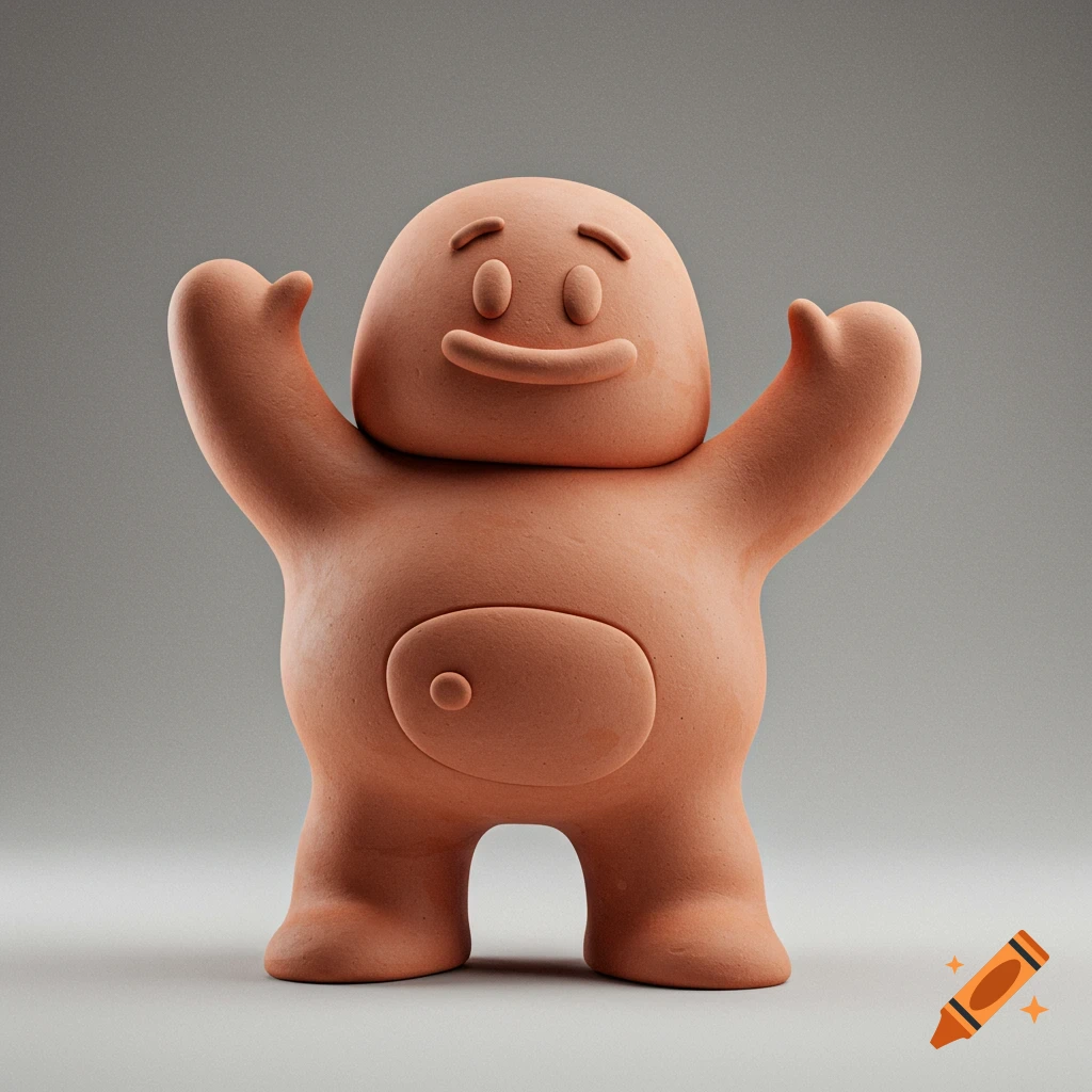 A clay figure of a cartoon-like character with a happy face and raised ...